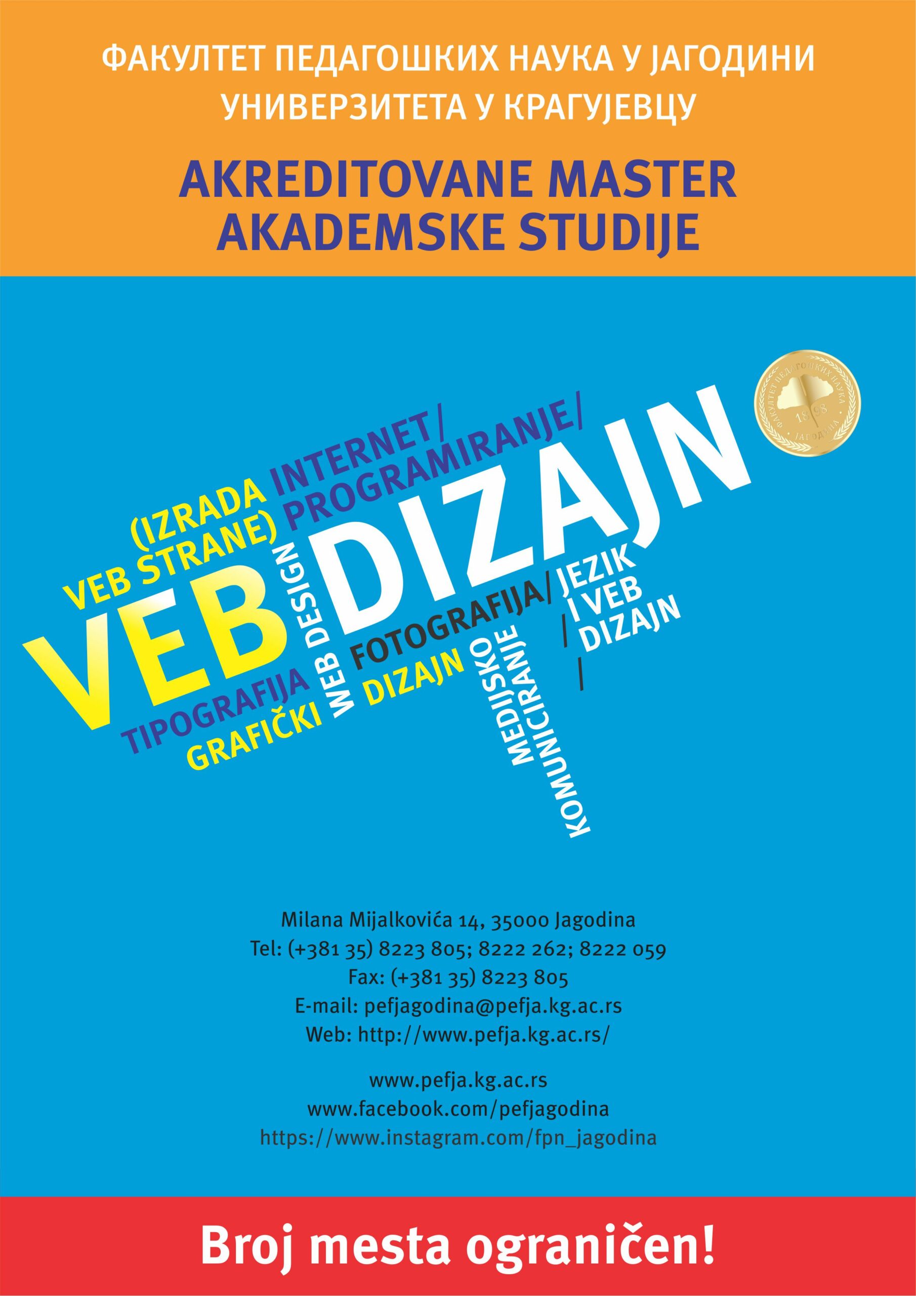 Master akademske studije na Fakultetu pedagoških nauka u Jagodini 2022/2023.
